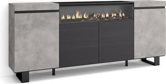 Skraut Home | Sideboard, Highboard | Kommode, Komodenschrank | 200x87x35cm | 4 T&uuml;ren | Elektrokamin. Ma&szlig;e | Industriedesign | Moderner Stil | Zement