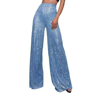 Generic Pantalon palazzo &agrave; paillettes taille haute et jambes larges pour femme, pour f&ecirc;te, discoth&egrave;que, f&ecirc;te, pantalon &eacute;vas&eacute;, bleu clair, 5XL