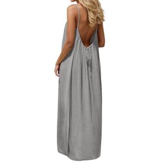 Generic Robe caraco dos nu pour femme - Robe longue sans manches avec noeud dans le dos - Couleur unie, gris, 4XL