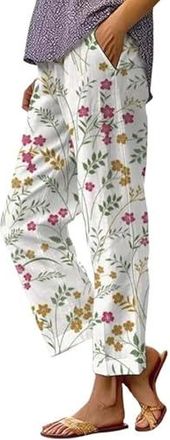 Generic Pantalon Femme Large Fluide Ete en Lin pour Pantalon D&eacute;contract&eacute; en Coton et Lin pour Femme avec Cordon De Serrage Poches Motif D&eacute;contract&eacute; Ample et Y