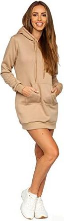 BOLF Femme Sweat Long? Capuche? la Mode Hoodie Robe Sweat-Shirt? Manches Longues Automne Hiver en Coton Couleur Unie Poche Kangourou YS10003 Beige S [A1A]