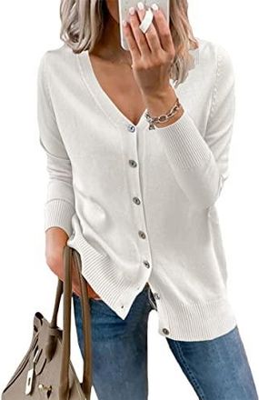 Minetom Femmes Cardigan Pull Manteau Manches Longues Tricoté Sweaters Gilet Casual Veste en Tricot avec Boutons Blanc XL