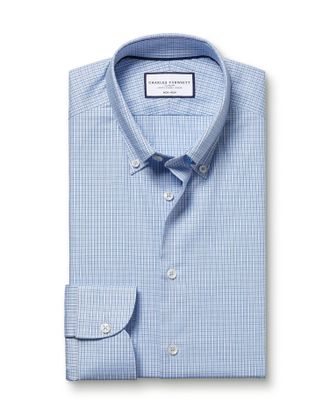 CHARLES TYRWHITT B&uuml;gelfreies Oxfordhemd mit Stretch und Karos - Himmelblau Knopfmanschette