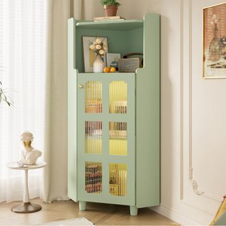 Merax Badezimmer-Eckschrank mit LED-Beleuchtung, Bauernhaus-Boden-Eckschrank mit Glas T&uuml;ren, freistehender Holzaufbewahrungsstall Schrank f&uuml;r Badezimmer, K&uuml;