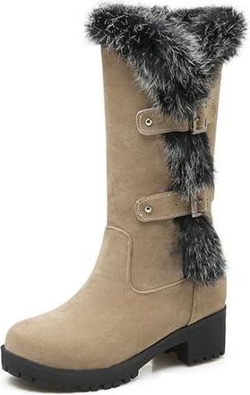 Generic Bottes Hautes À Semelle Plateforme en Daim avec Fausse Fourrure Talon Bloc Fermeture Latérale Mode Hiver pour Tenues Streetwear Marche Extérieure Et U