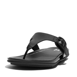 FitFlop Damen Gracie Rubber-Buckle Leather Toe-Post Flache Sandale, Schwarz, 43 EU