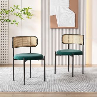 Merax Esszimmerst&uuml;hle 2er Set, Moderner K&uuml;chenst&uuml;hle mit Rattan R&uuml;ckenlehne, Essst&uuml;hle mit Vier St&uuml;tzbeinen aus Metall, Samt, Gr&uuml;n