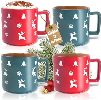 Com-Four 4x weihnachtlicher XL-Kaffeebecher aus Porzellan - festliche Tassen je 450 ml mit Weihnachtsmotiv - zweifarbige Weihnachtstassen in gr&uuml;n und rot (4x W
