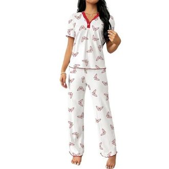 Generic Pyjama Femme Deux Pièces Col V Dentelle Ensemble Détente Haut Manches Courtes Boutonné Motif Coeur Ensemble Nuit Tendance