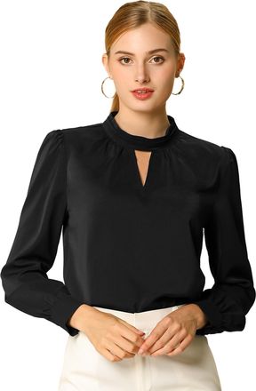 Allegra K Damen B&uuml;ro Oberteil Langarm V-Ausschnitt Stehkragen Cut Out Elegante Top Bluse Schwarz 3XL