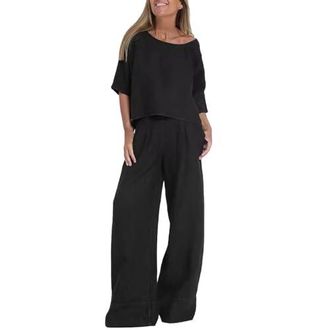 Generic Combinaison de grande taille pour femme, pantalon de poche d&eacute;contract&eacute; et tendance, ensemble de plage printemps et &eacute;t&eacute;, haut &agrave; manches courtes, coton 