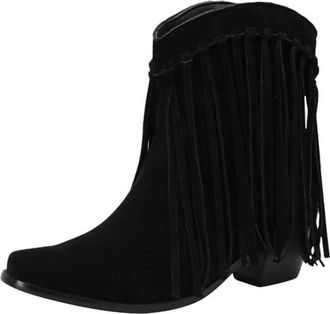 Rismart Femmes Cowboy Chevilles Bottines Frangées Large Mollet Petit Bout Carré Western Bootie Noir, 37 EU