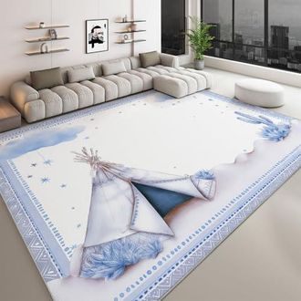 Generic Tapis Bleu Clair Lavable pour Salon, Tapis &agrave; Poils Courts Antid&eacute;rapant Dessin &Agrave; La Main Minimaliste Nuage Tente pour Enfants Bureau Salle &agrave; Manger Cui