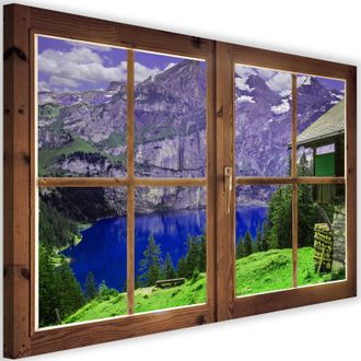 Feeby Febby Vlies Leinwandbild XXL Blick Durchs Fenster 3D-Effekt 120x80 cm Wandbild Kunst Bilder Schlafzimmer Deko Wohnzimmer Bergsee Zwischen Den Gipfeln 