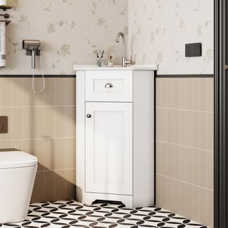 Generic Waschtisch mit Waschbecken Wei&szlig; 42.5 cm Badm&ouml;bel Set Stehend f&uuml;r G&auml;ste WC & Kleines Bad Badezimmerschrank Keramik Metallgriffe Feuchtigkeitsbest&auml;ndig 