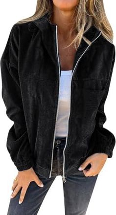 Generic Veste légère en velours côtelé avec fermeture éclair à manches longues pour femme - Manteau ample décontracté pour lautomne et le printemps - Vestes d