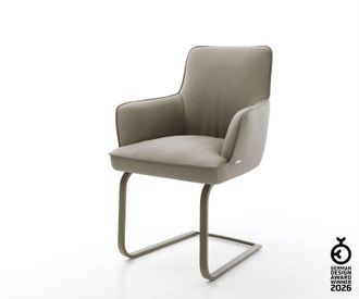 DELIFE Freischwinger Heira-Flex mit Armlehnen Echt-Leder Schlamm Freischwinger flach Effektfinish Titan Taschenfederkern, Esszimmerst&uuml;hle