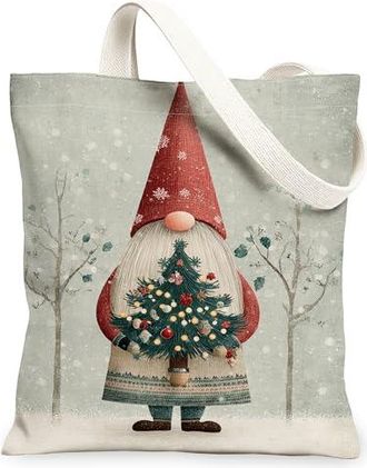 Generic Sacs fourre-tout en toile de nain de No&euml;l, motif arbre festif, sacs r&eacute;utilisables, rustiques, lavables avec bandouli&egrave;re en toile pour lext&eacute;rieur, Roug