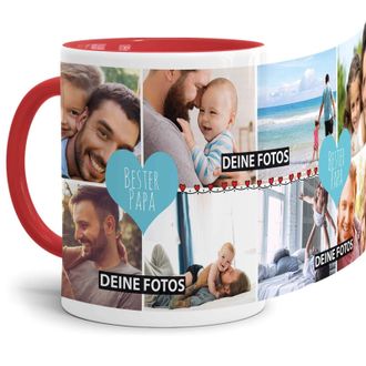Tassendruck Fototasse mit Spruch - Bester Papa - zum SELBSTGESTALTEN mit Foto-Collage f&uuml;r 8 WUNSCHFOTOS - Bestes Fotogeschenk f&uuml;r Papa - Innen & Henkel Rot