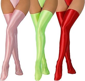 Feoya 3 Paires Bas Autofixants Femme Sexy PU Cuir Collants Cuisse Haute Brillants Chaussettes Longues Wetlook Lingerie Taille Unique Blanc A1