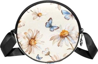 Generic Sac &agrave; bandouli&egrave;re rond pour femme, marguerites et papillons, petit sac &agrave; bandouli&egrave;re avec fermeture &eacute;clair, bretelles r&eacute;glables, sac &agrave; main rond d&eacute;con