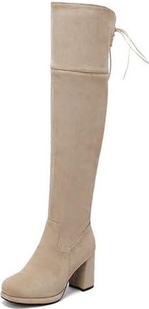 Generic Bottes &agrave; talons carr&eacute;s &agrave; bout rond pour femme - &Eacute;lastique - Lacets larges - Chaussures dhiver chaudes avec fermeture &eacute;clair, abricot, 39.5 EU