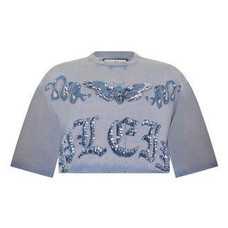 Philipp Plein Femme, Tops, Bleu, Taille: 38 FR T-Shirt Court Tatouage Papillon