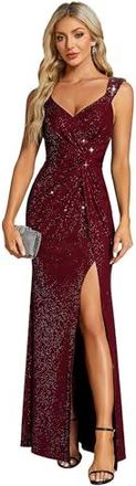 Ever-pretty Robe de Soirée Femme Longue Moulante Fendu Col V Plis Bandoulière à Sequins Haute Élasticité Bordeaux 38