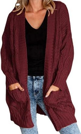 Generic Cardigan &agrave; manches longues pour femme, couleur unie, grande taille, pull dautomne l&eacute;ger &agrave; manches longues, avec poches, bordeaux, 3XL