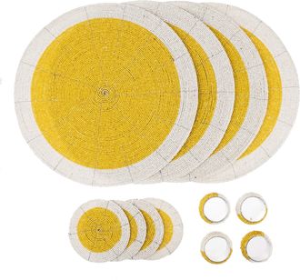 Penguin Home Set mit 12 Glasperlen-Platzsets, Untersetzern und Serviettenringen - gelb und weiß - runde Tischsets - handgefertigt von erfahrenen indischen Kunsthan