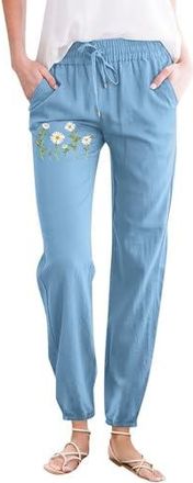 Generic Pantalon en coton et lin pour femme - Jambe large - Pantalon de plage d&eacute;t&eacute; pour femme - Confortable - Pantalon de yoga Palazzo XIYU26033, bleu clair, 