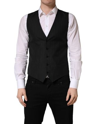 Dolce & Gabbana Mens Black Stripe Single Breasted Waistcoat Vest Virgin Wool Silk Clothing