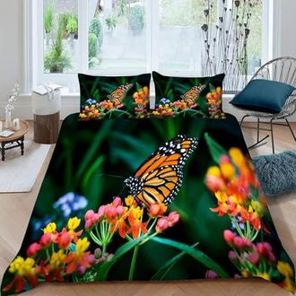 Generic Housse de Couette 240x260 Fleurs Parure de Lit 2 Personnes Papillon Imprim&eacute;e 3D Microfibre Literie Set 3 Pi&egrave;ces avec Housses Couettes et 2 Taies dorei