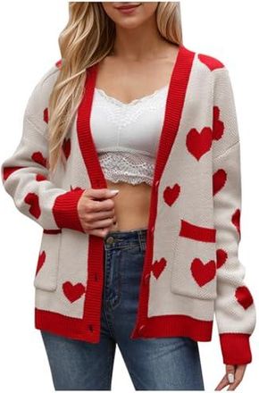 Generic Cardigan tricot&eacute; en forme de coeur avec poches et col en V pour la Saint-Valentin 2026, beige, XL