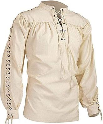 Generic Chemise Médiévale Homme à Manches Longues- Hauts Steampunk Hommes Col Mao,Top Gothique à Lacets Vintage Blouse Renaissance Halloween Shirt Chic Mode p