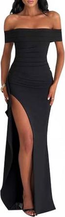 Minetom Robe de Soirée Femme Elegante Épaules Dénudées Party Cérémonie Cocktail Mariage Demoiselle dhonneur Maxi Robe Longue D Noir S