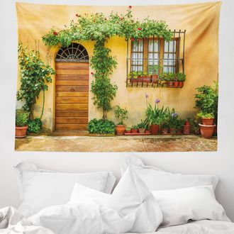 Abakuhaus Italien Wandteppich, Leben in der Stadt in der Toskana aus Weiches Mikrofaser Stoff Waschbar ohne Verblassen Digitaldruck, 150 x 110 cm,Aprikose Grün 