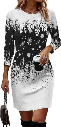 Minetom Weihnachtskleid Damen Weihnachten Rundhalsausschnitt Langarm Kleid Mini Partykleid Xmas Druck Party Kost&uuml;m A1 Schwarz 06 L