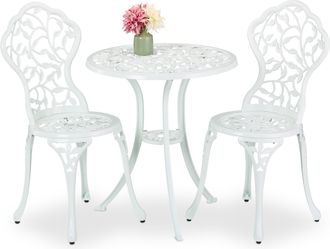 Relaxdays Gartenm&ouml;bel Set, 3-teilig, Tisch & 2 St&uuml;hle, Aluguss, Balkonm&ouml;bel mit Bl&auml;ttermuster, Garten Sitzgruppe, wei&szlig;