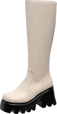 Generic Bottes Hautes pour Femme Chaussure Neige Femme Bottes Longues décontractées à Plate-Forme à Talons épais en Cuir de Couleur Unie pour Dames Boots Femm