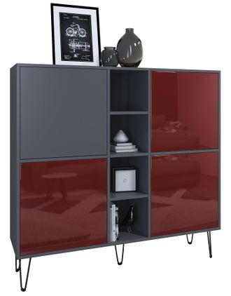 Vladon Highboard Havana V3, Kommode mit 4 Türen und 4 offene Fächer, Kommode Made in Germany, Anthrazit matt/Bordeaux Hochglanz (130,5 x 124 x 35 cm)
