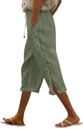 Generic IQYU Pantalon d&eacute;t&eacute; l&eacute;ger 3/4 pour femme - Pantalon sarouel - Pantalon d&eacute;t&eacute; l&eacute;ger - Avec fente - Pantalon d&eacute;t&eacute; ample - Pantalon d&eacute;t&eacute; l&eacute;ger - Taille hau