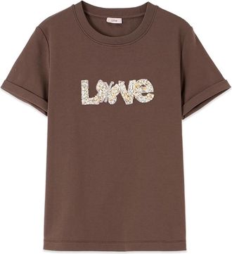 Oltre Femme, Tops, Brun, Taille: 46 FR T-shirt avec lettres brod&eacute;es de bijoux