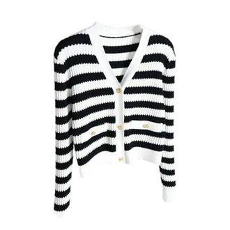 Generic Cardigan court &agrave; rayures et col en V pour femme, noir, Taille XS