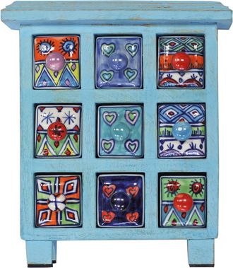 Just Contempo ethnischen indischen Stil Mini Kommode 9 Keramik-Schubladen - Aufbewahrung für Schmuck Blau Orange Gelb 20 x 22 cm, holz, Blue Orange Yellow, 20x22cm