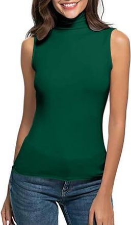 Generic Pull &agrave; col roul&eacute; sans manches pour femme en coton basique sans manches avec col T-shirt &agrave; manches longues pour femme Couleur unie Gilet sans manches T