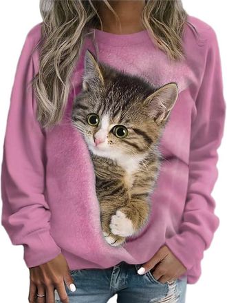 Onsoyours Pullover Damen Sweatshirt Herbst Winter Frauen Drucken Langarm Kapuzenpullover mit Katze Motiv Hemd Locker Casual Oberteil Bedruckte Tops Sweatshirts 