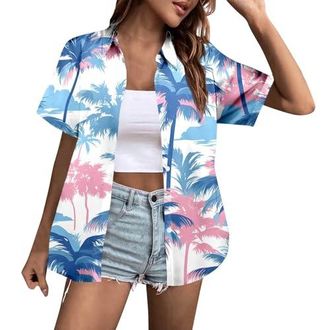 Generic Chemise hawa&iuml;enne tropicale pour femme - Palmier hawa&iuml;en - Cara&iuml;bes - Chemise d&eacute;t&eacute; d&eacute;contract&eacute;e - Manches courtes - Boutons - Manches courtes - Graphi