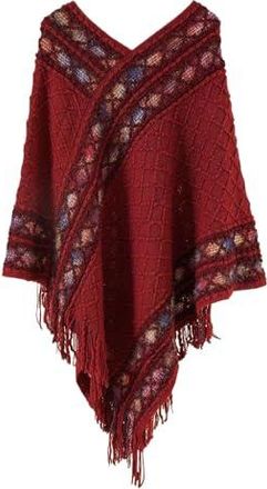 Generic Poncho écharpe châle cape pour femme vintage exotique hiver chaud pull pompon châle pour diverses occasions cadeaux de Noël châle écharpes, Rouge, Tai