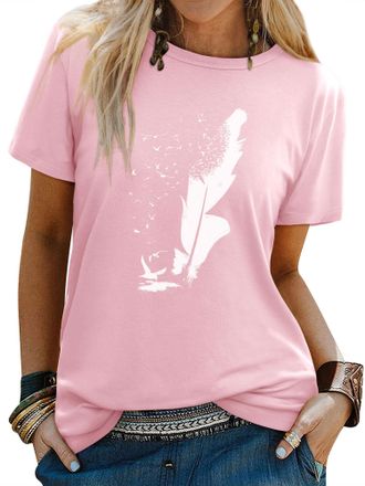 Dresswel Damen Friedenstaube Feder Druck T-Shirt Kurzarm Rundhals Oberteile Sommer Tops Tee Shirts Bluse